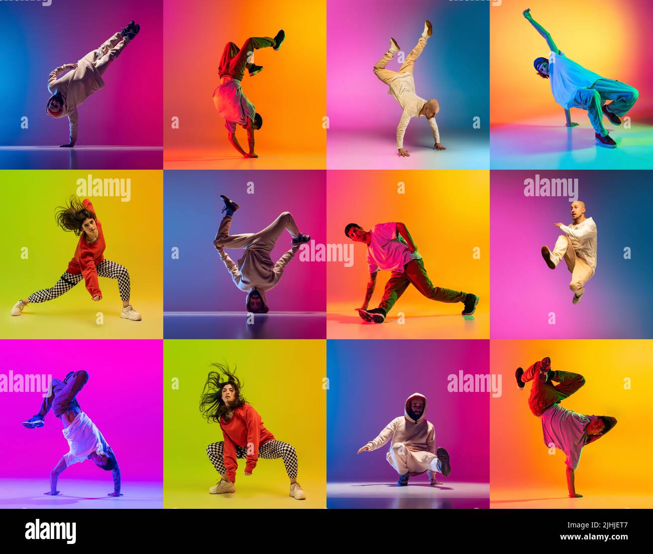 Collage with break dance or hip hop dancers dancing isolated over ...