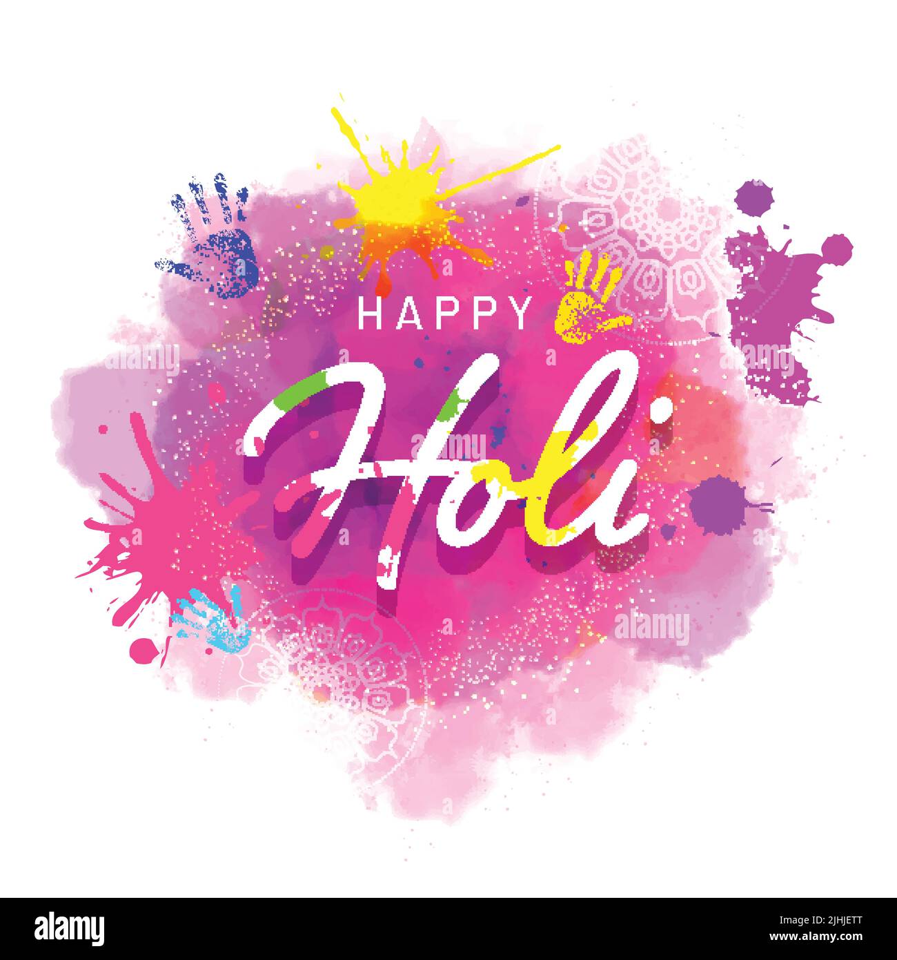 Happy Holi Font With Hand Prints On Splash Watercolor Effect Background ...