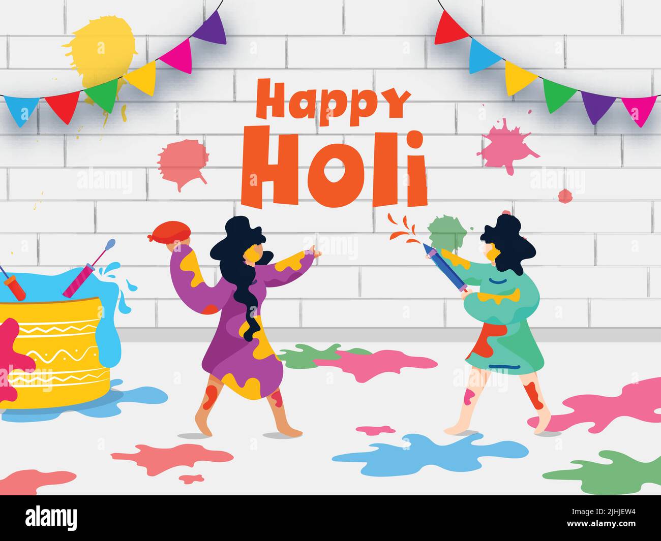Cartoon Young Girls Playing Holi With Each Other On White Brick Wall ...