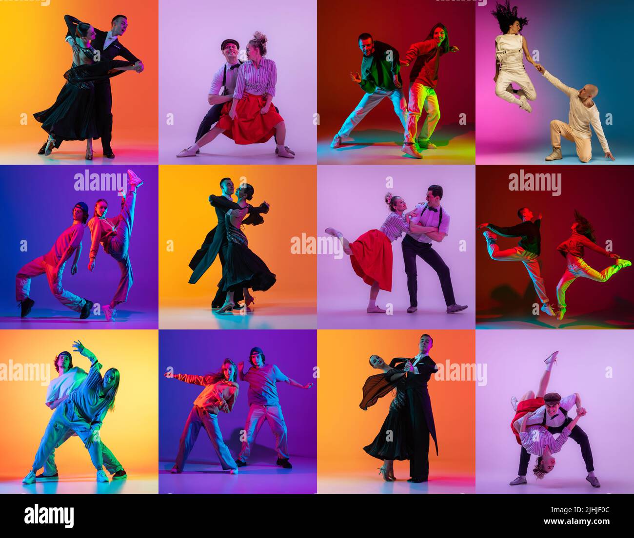 Set with images of stylish men and women dancing in bright clothes on ...