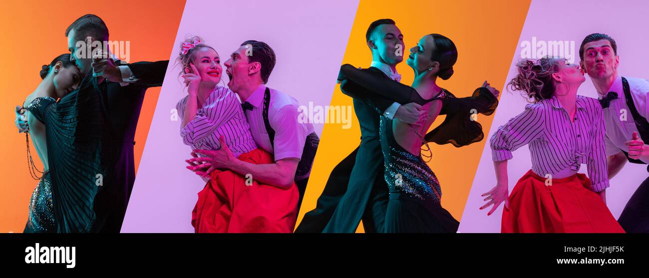 Set with images of stylish men and women dancing in bright clothes on ...
