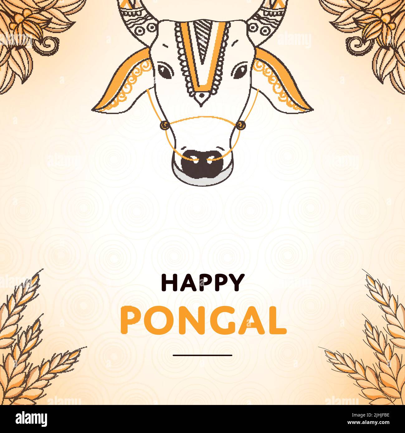 Happy Pongal Concept With Doodle Style Bull Face, Wheat Ear And Floral ...
