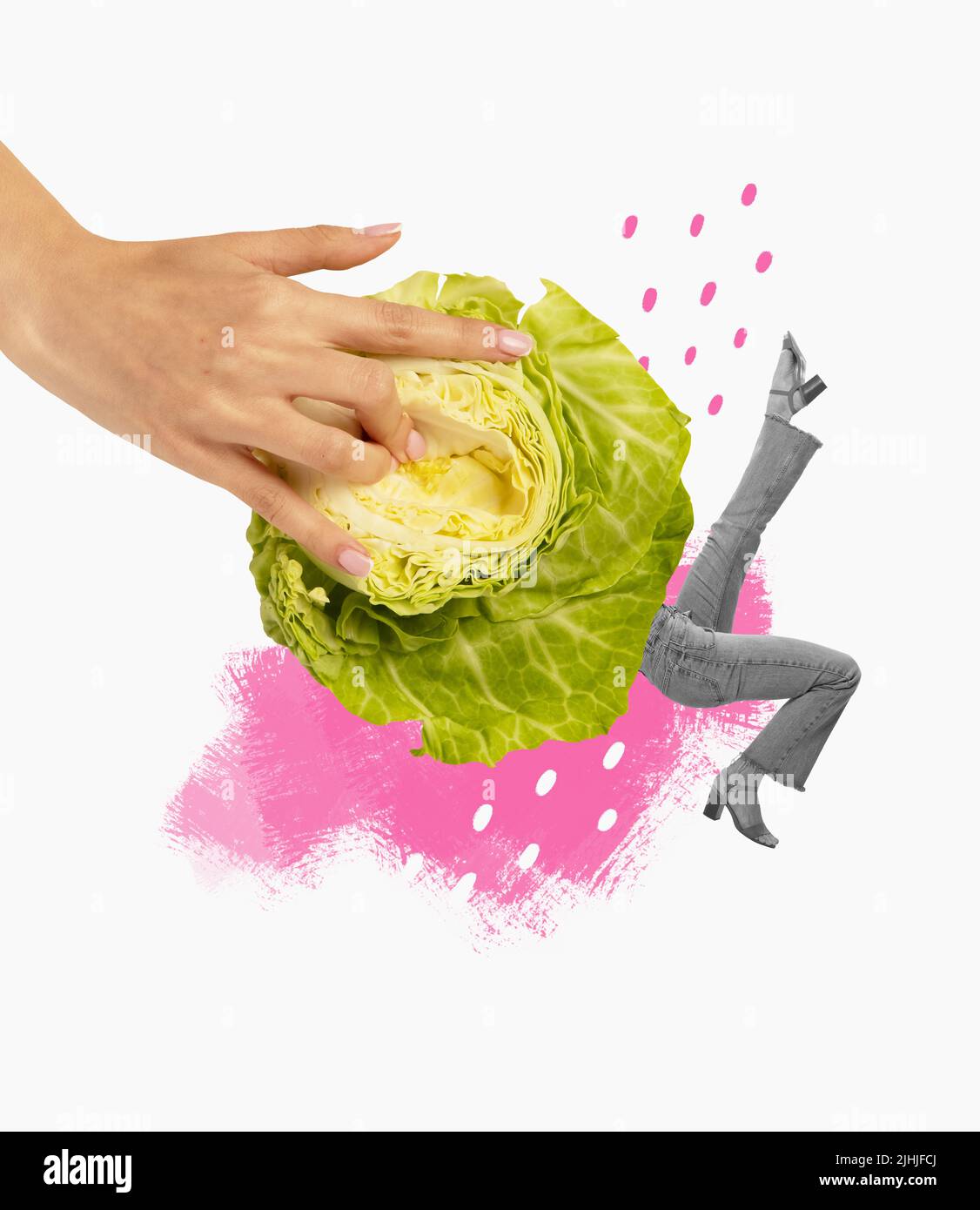 Contemporary art collage. Young woman cheerfully dancing. Cabbage head ...