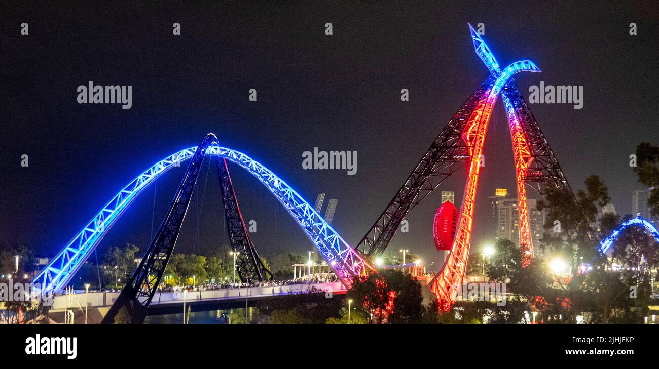 Matagarup Bridge suspension pedestrian bridge over the Swan River lit ...