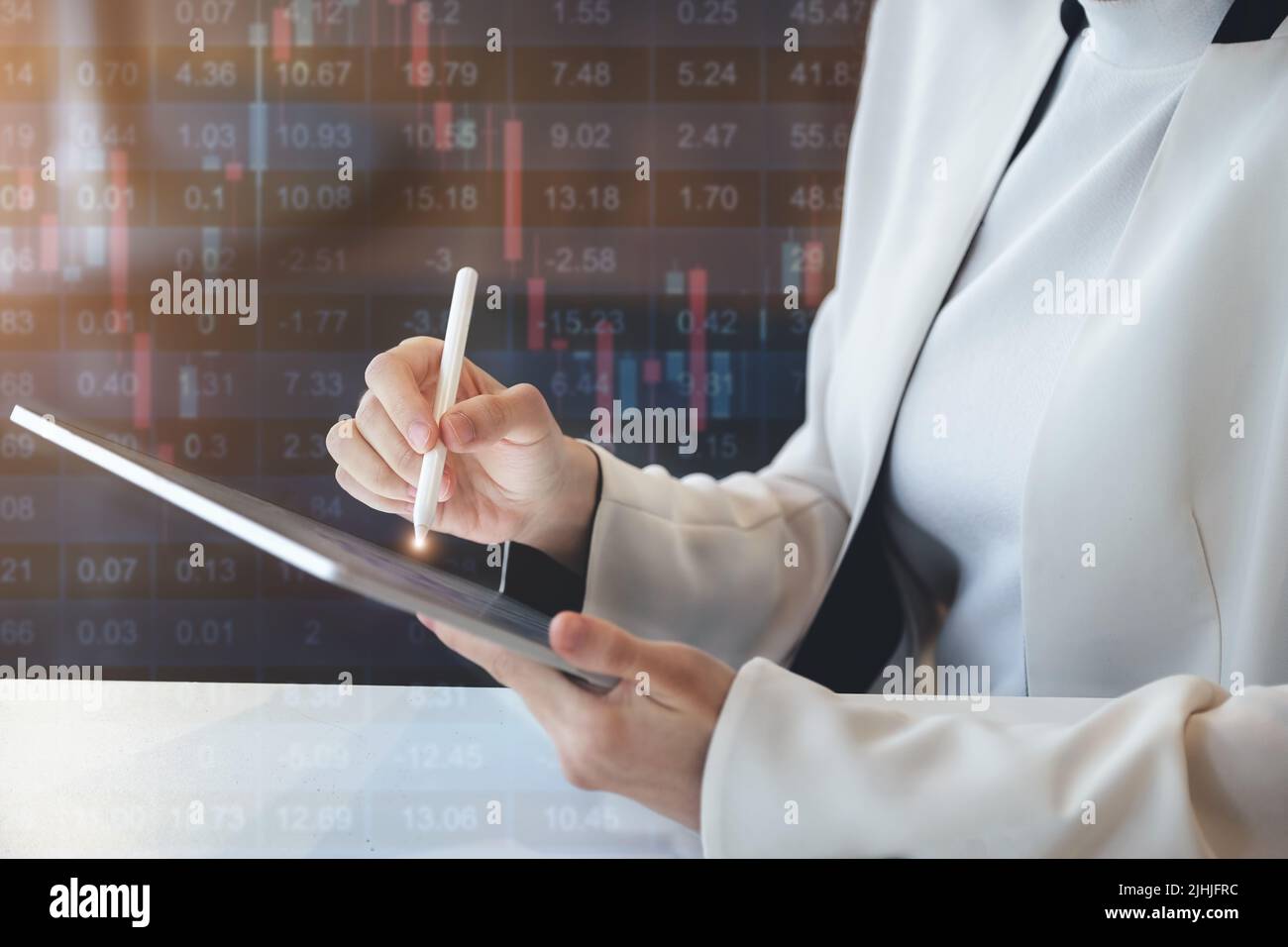 digital technology, Business woman using tablet to trade charts to find ...