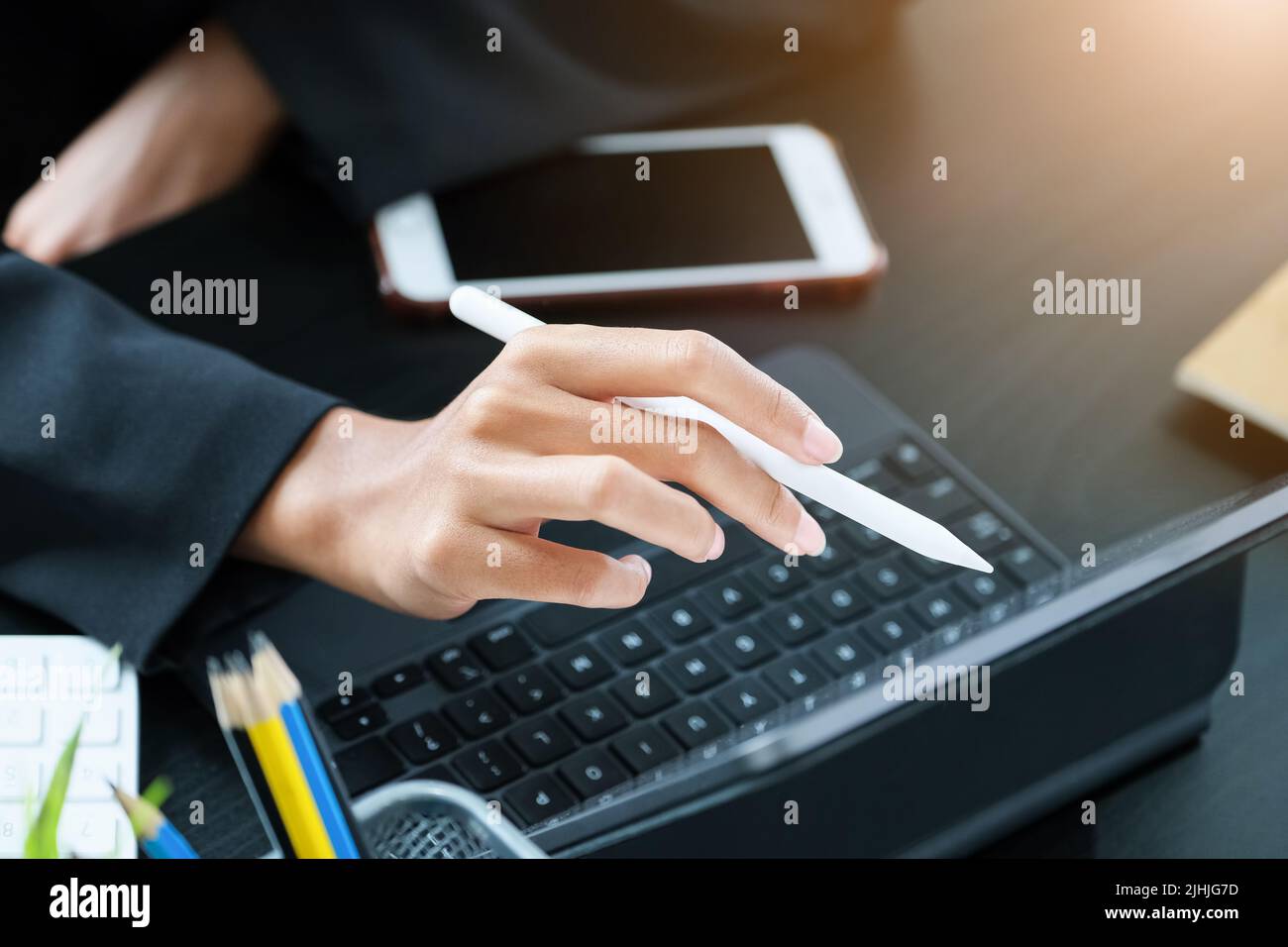 digital technology, Business woman using tablet to trade charts to find ...