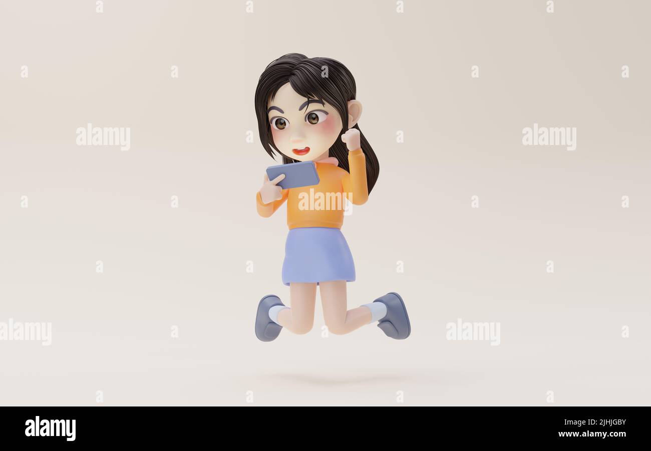 Little girl using mobile phone with cartoon style, 3d rendering ...