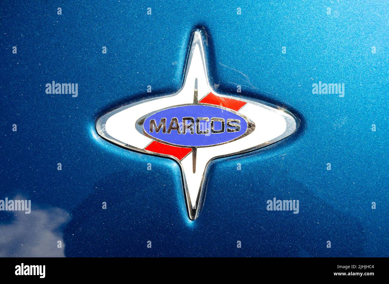 Close up view of the Marcos badge on the front on a Marcos LM400 car at ...