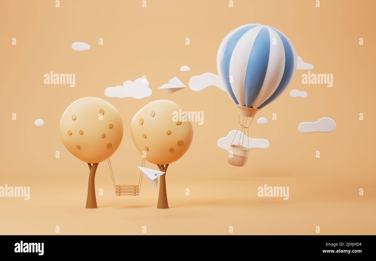 Cartoon hot air balloon with trees scene, 3d rendering. Computer ...