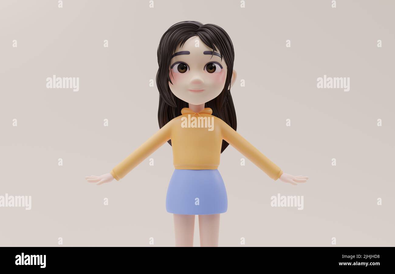 Little girl with cartoon style, 3d rendering. Computer digital drawing ...