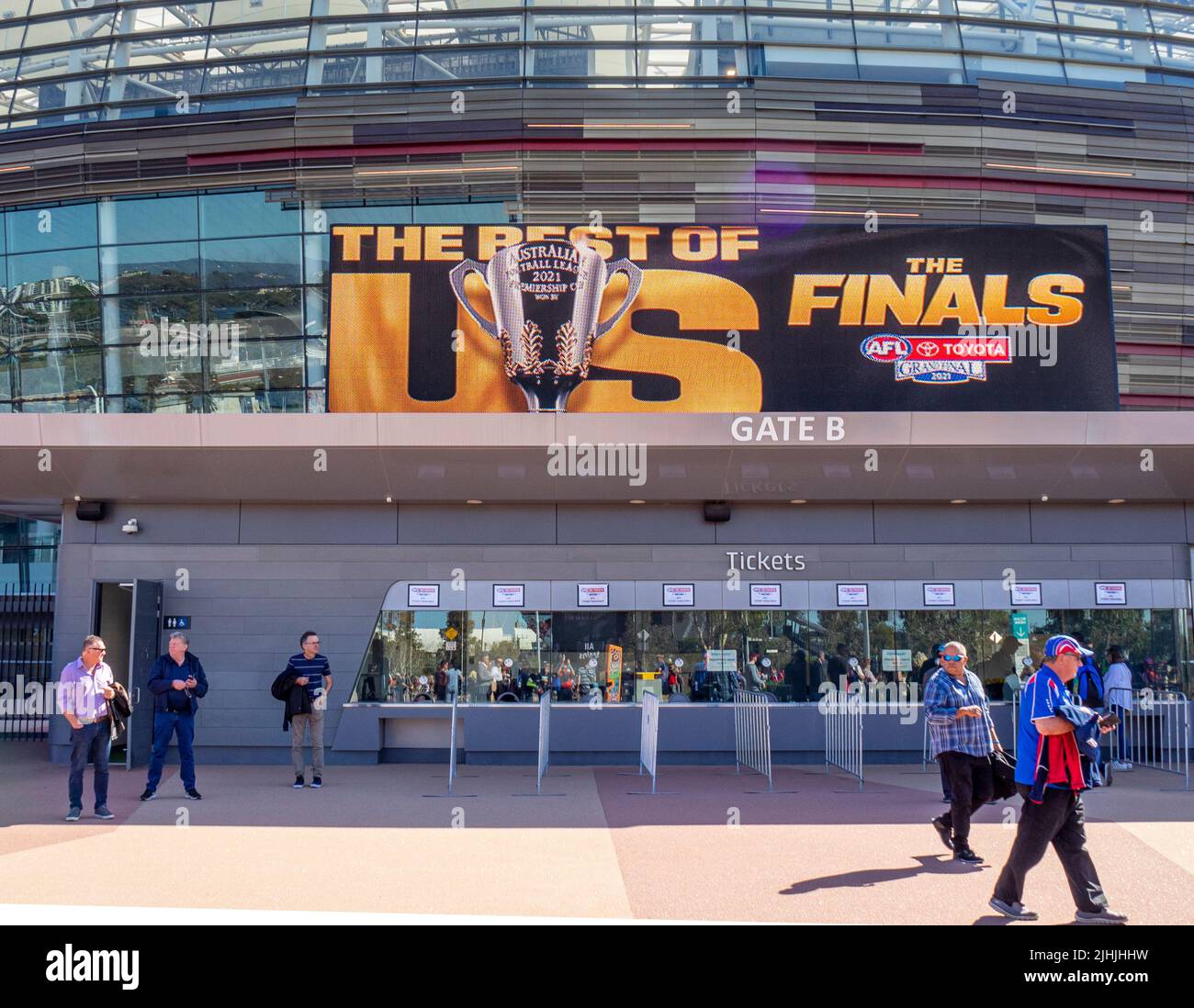Football fans in front of ticket box outside Optus Stadium for AFL 2021 ...