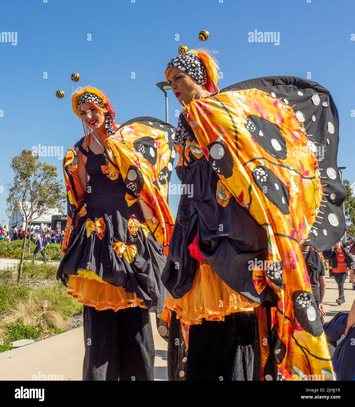 Two women on stilts in costume dressed as butterflies at AFL Grand ...