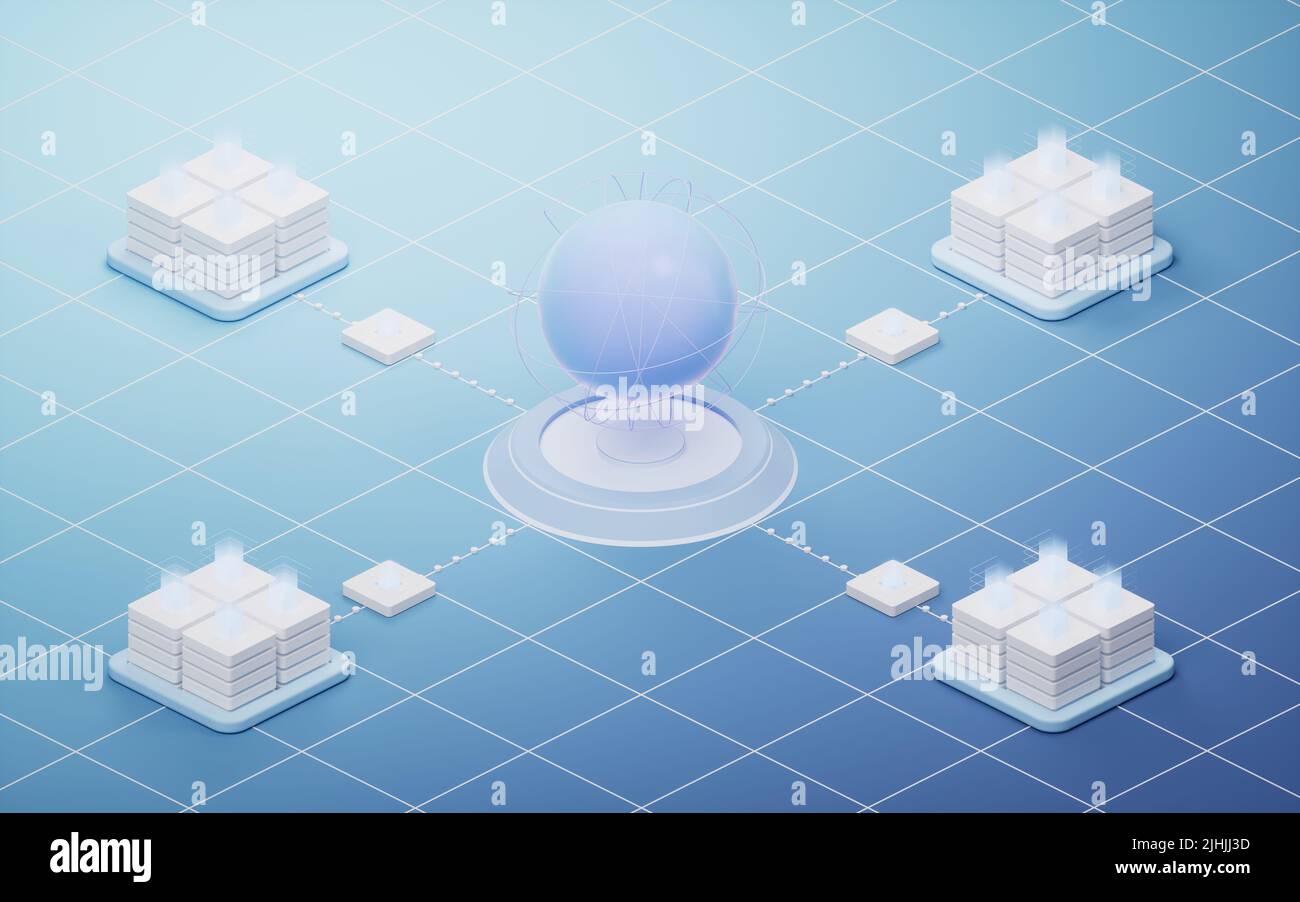 Cartoon planet sphere with data server, 3d rendering. Computer digital ...