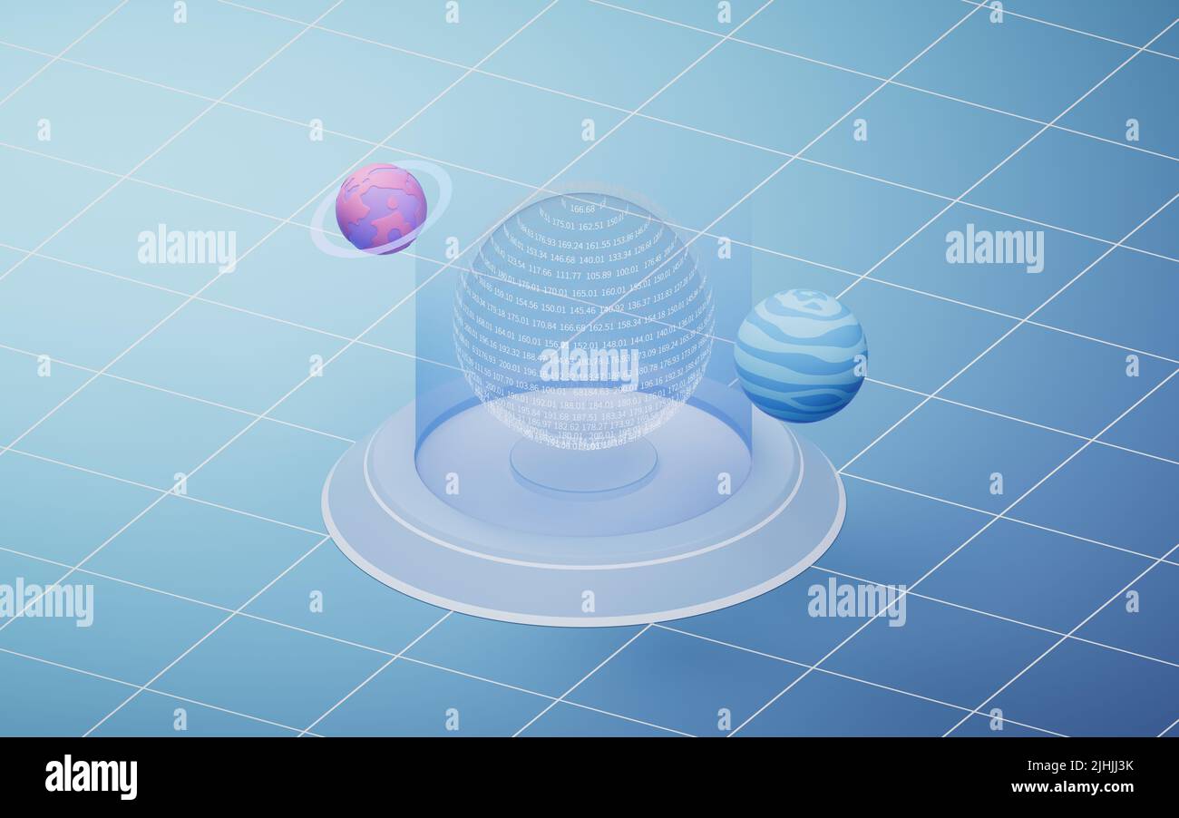 Transparent data sphere with planets, 3d rendering. Computer digital ...