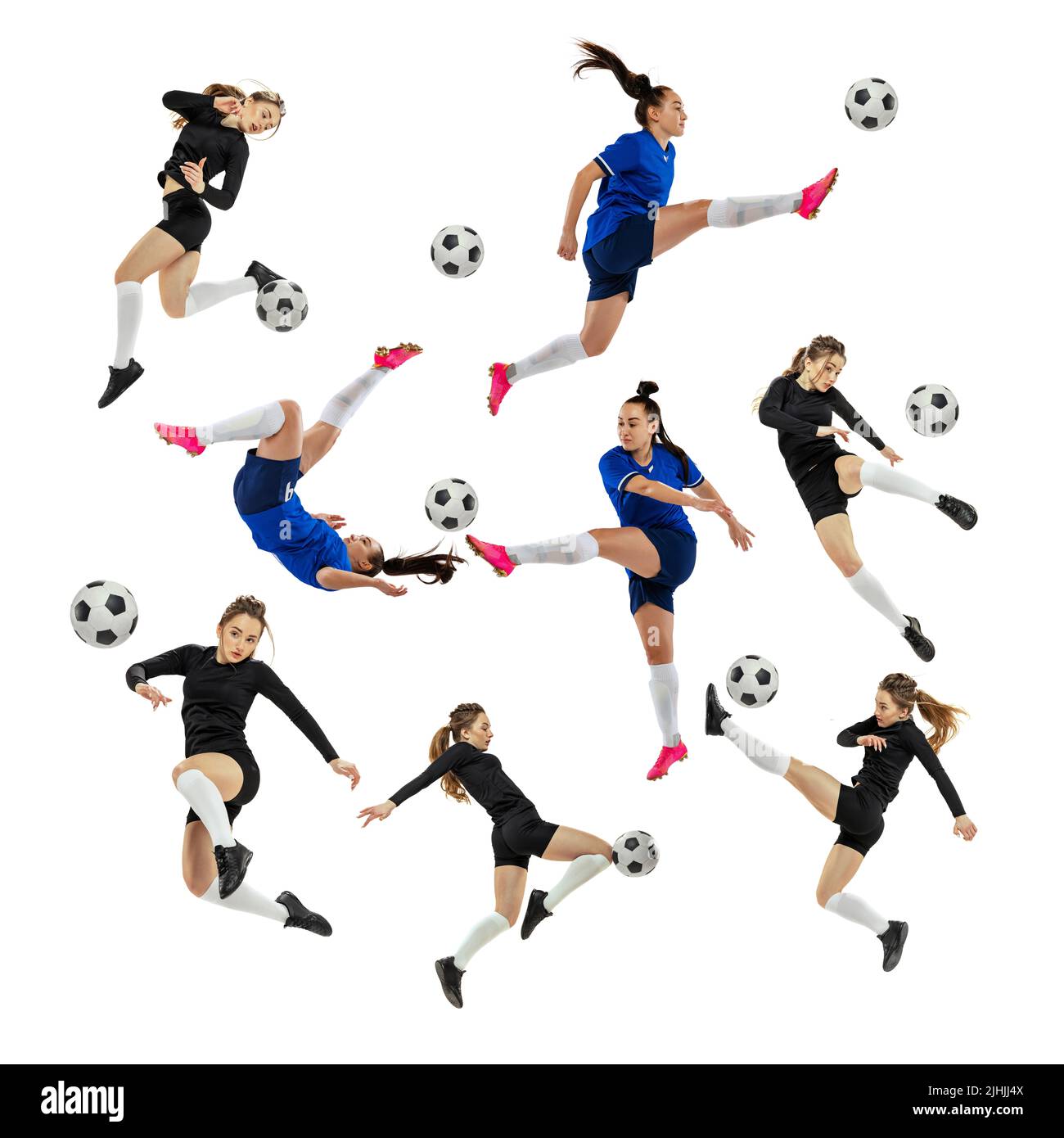 Collage made of dynamic portraits of female soccer football players ...