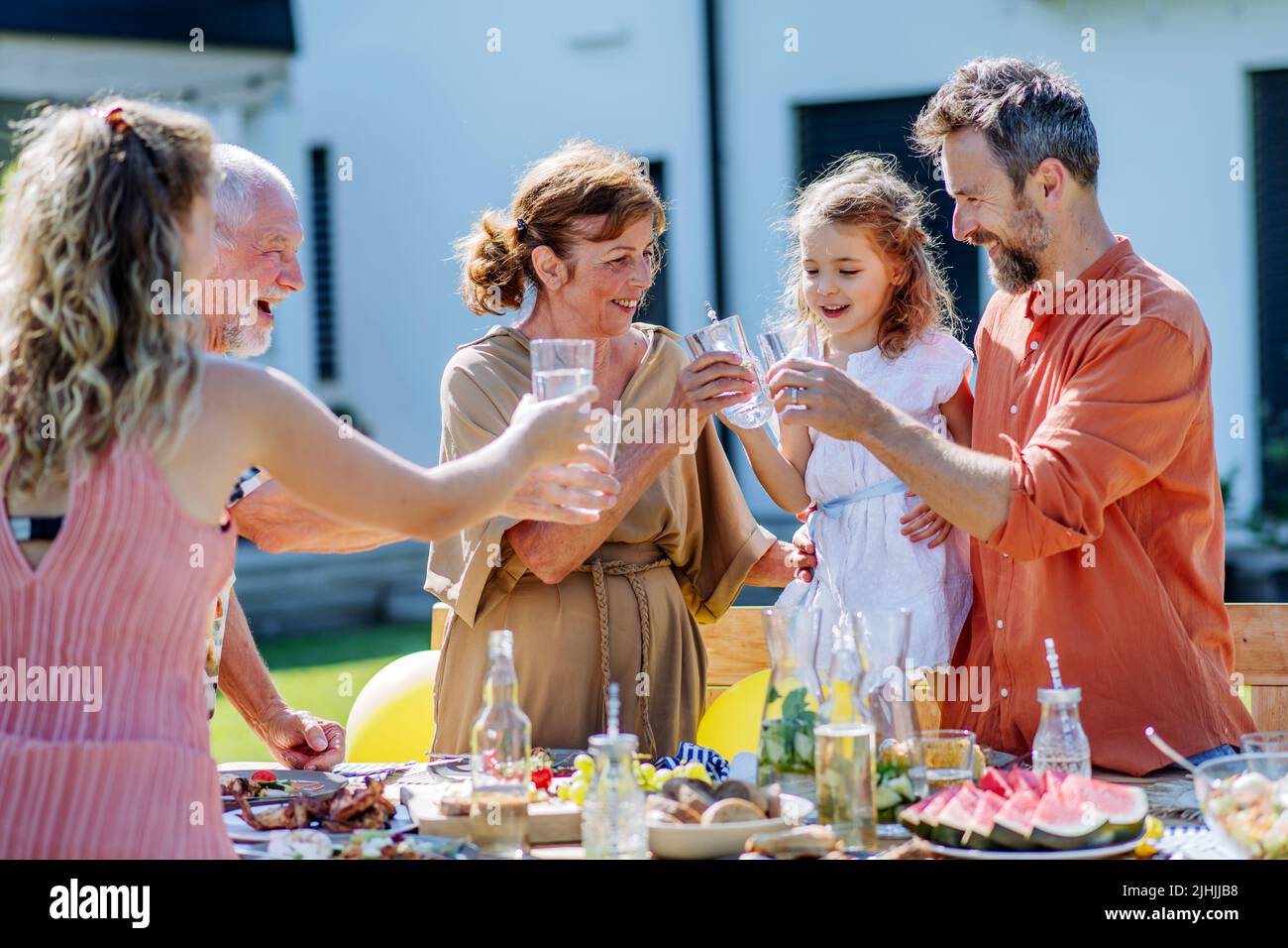 Multi generation family having garden party celebration, toasting and ...