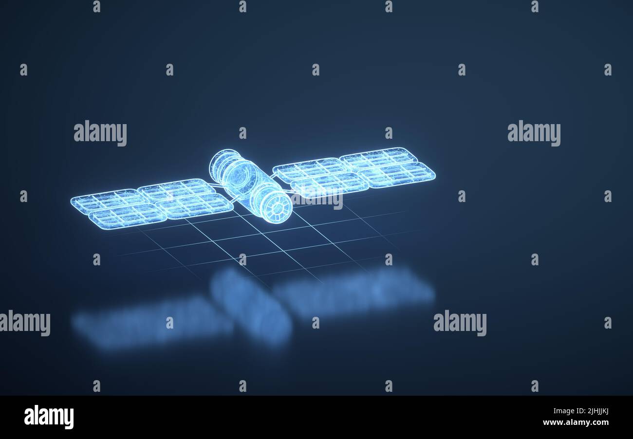 Artificial satellite with blue digital lines structure, 3d rendering ...