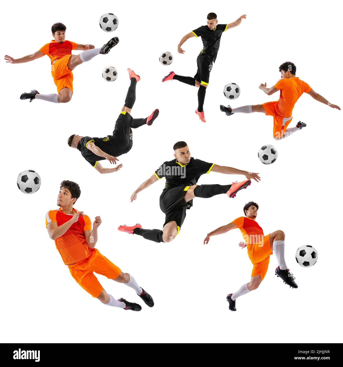 Collage made of dynamic portraits of male soccer football players ...