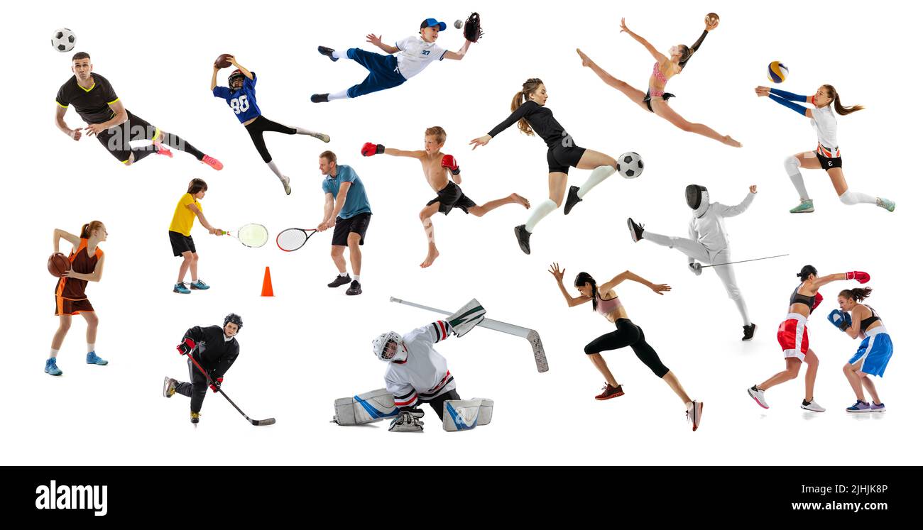 Set of dynamic portraits of young people and children doing different ...