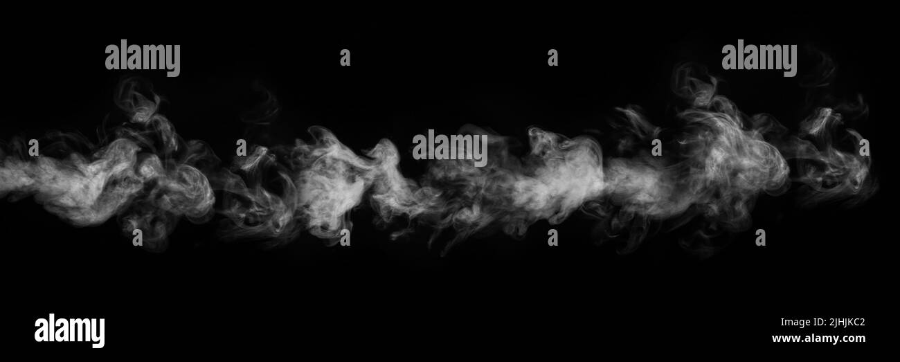 Panorama of steam, smoke, gas isolated on a black background. Swirling ...
