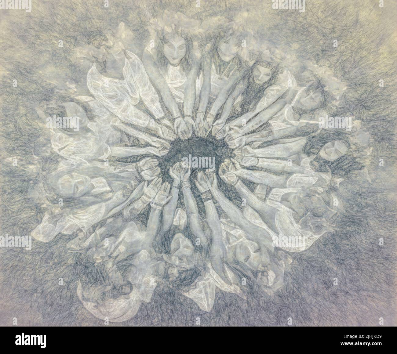 Women in flower wreath, symbol of summer solstice and drawing efect ...