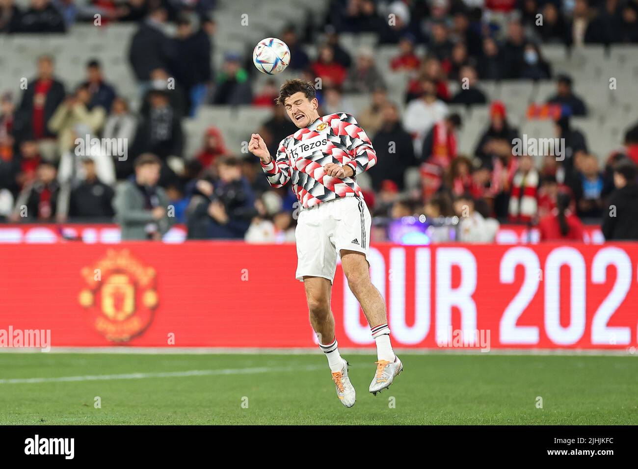 Harry Maguire (5) of Manchester United heads the ball during the pre ...