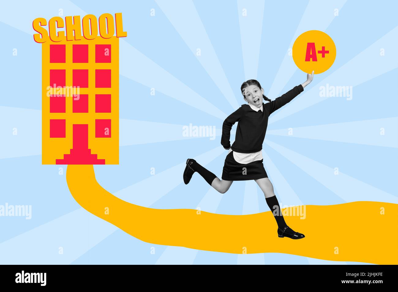 Creative collage picture of excited funny girl black white colors run ...