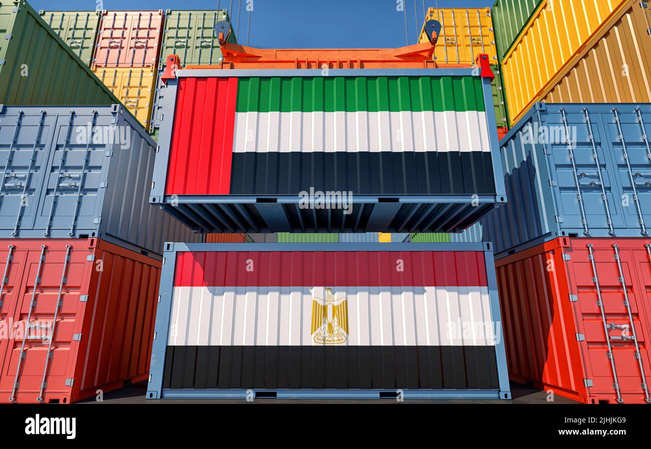 Cargo containers with Egypt and United Arab Emirates national flags. 3D ...