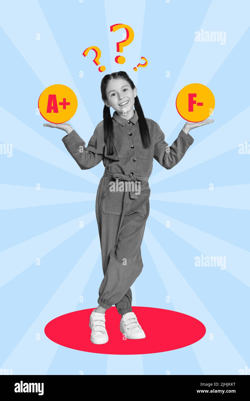 Vertical collage image of happy smiling girl black white gamma arms ...