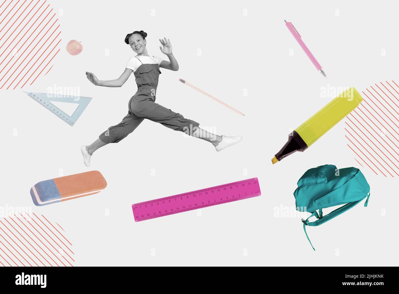 Creative collage picture of crazy funny small girl black white effect ...