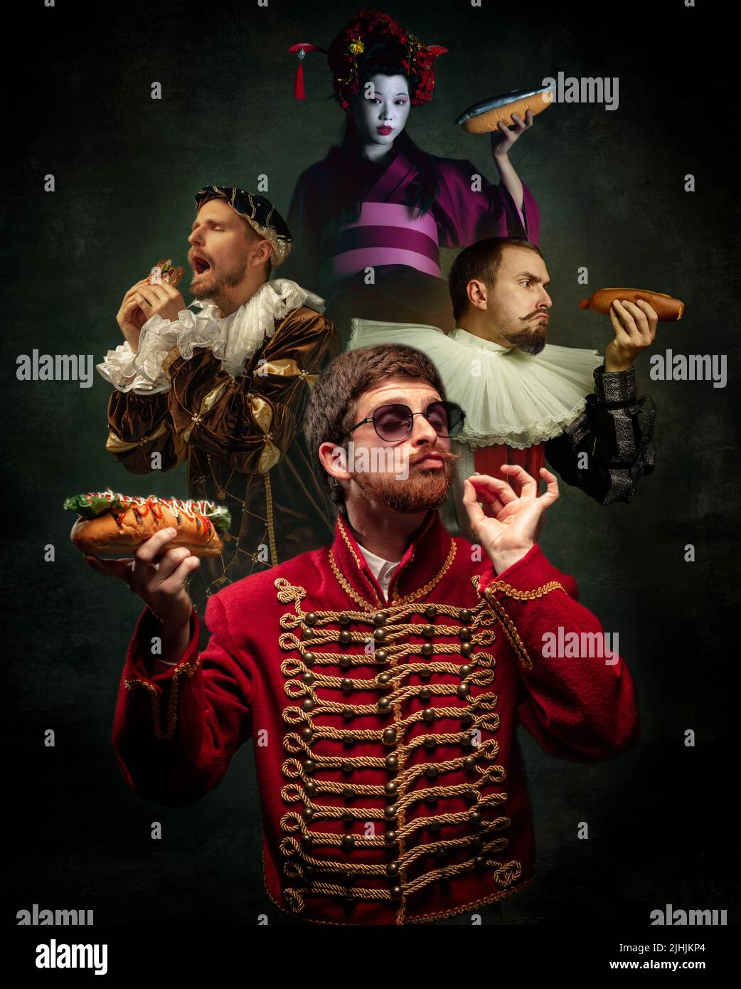 Excited people as medieval royalty persons in vintage clothing eating ...