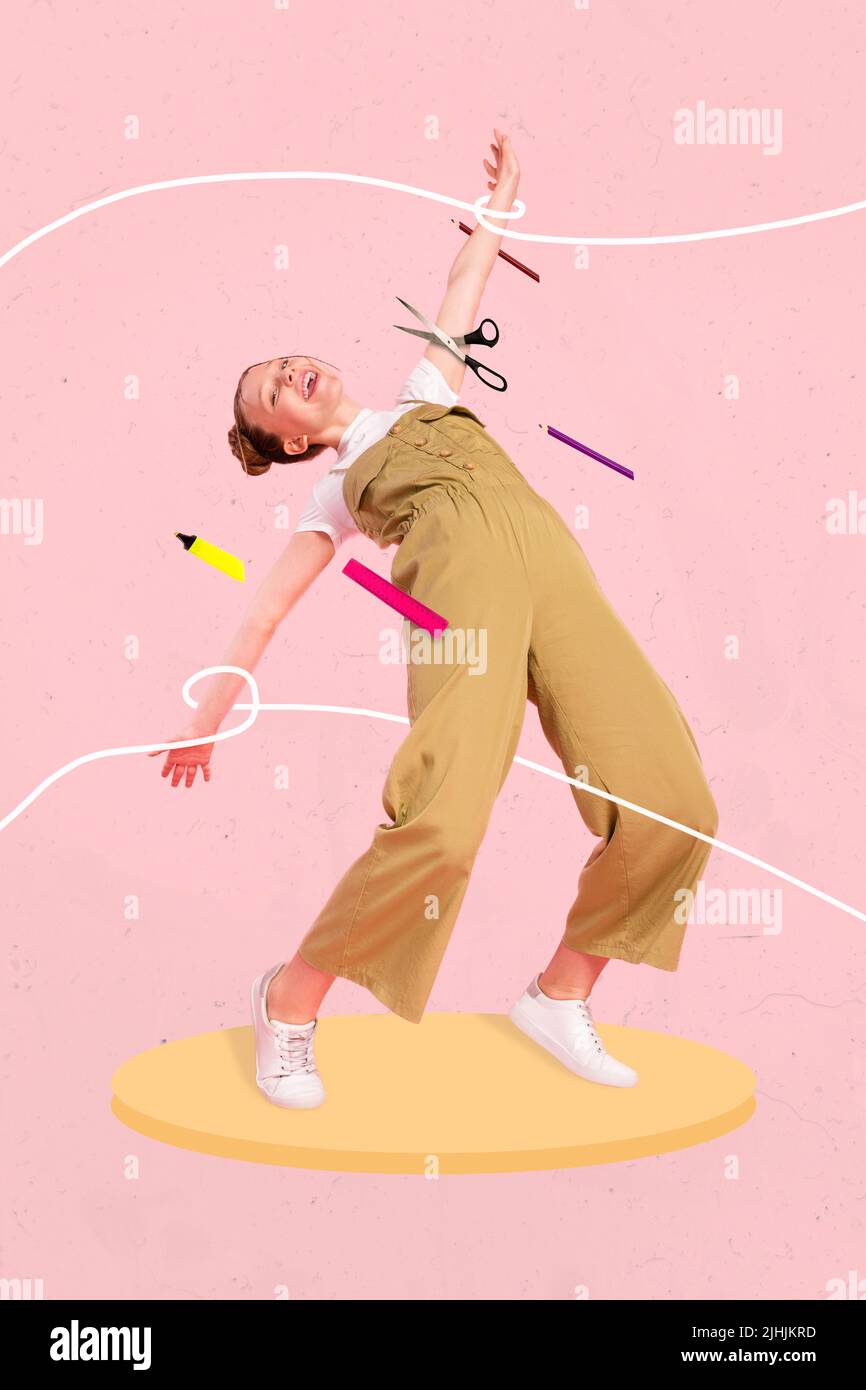 Vertical collage illustration of funny girl dodging flying pencil ...
