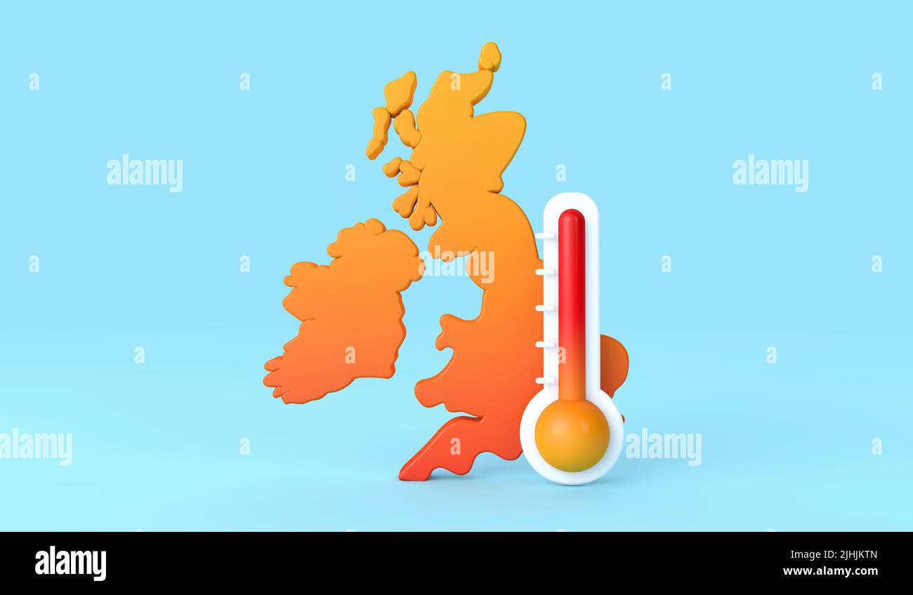 United Kingdom weather summer heatwave. Uk map with a thermometer. 3d ...