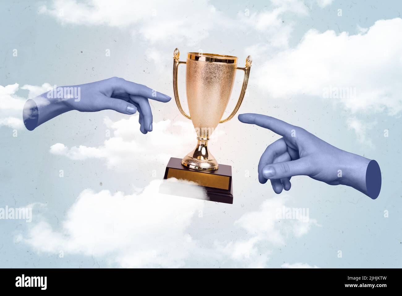 Composite collage picture of two blue human arms fingers reach touch ...