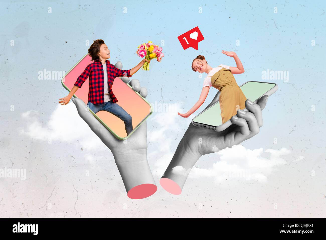 Collage picture of two arms hold telephone girl boy display hold ...