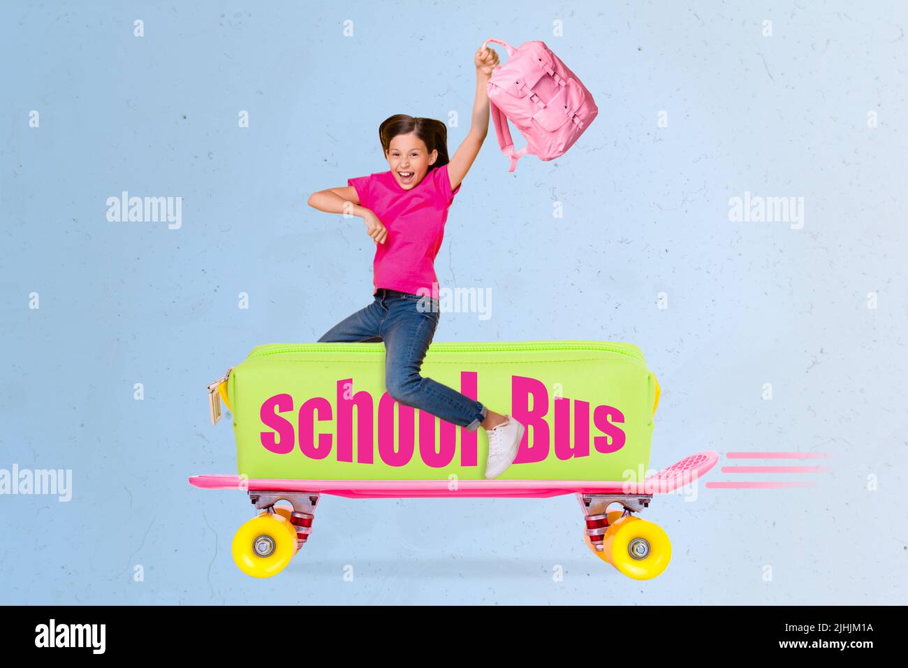 Composite collage image of excited happy mini girl hold bag ride ...