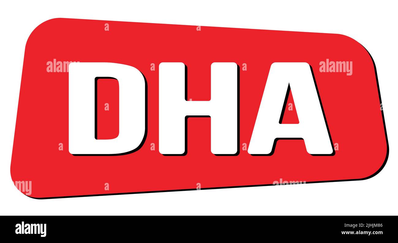 DHA text written on red trapeze stamp sign Stock Photo - Alamy
