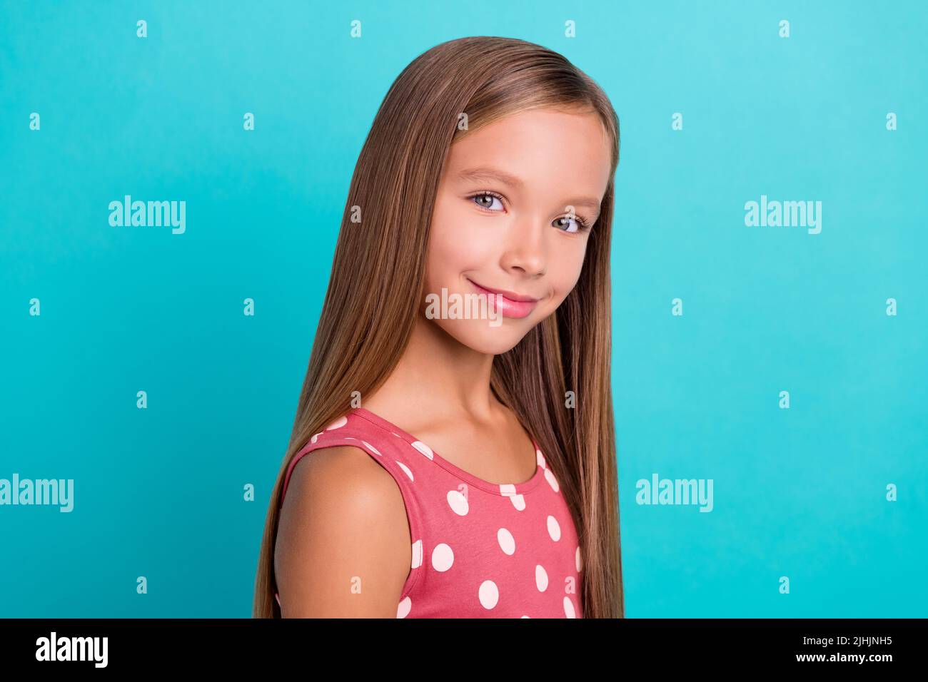 Photo of sweet adorable little lady dressed dotted sarafan smiling ...