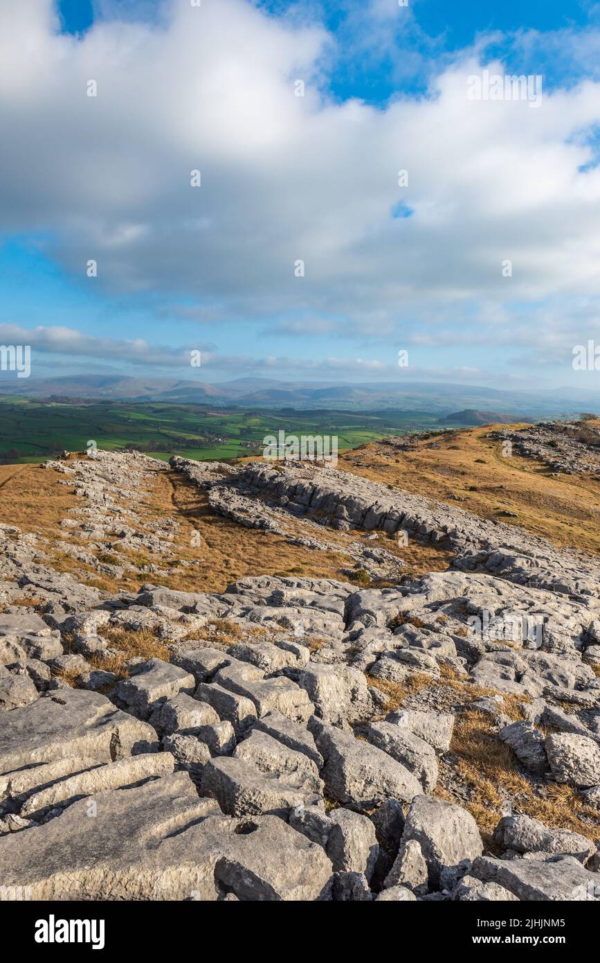 Slanting limestone pavement on Farleton Knott above Holme in Cumbria ...