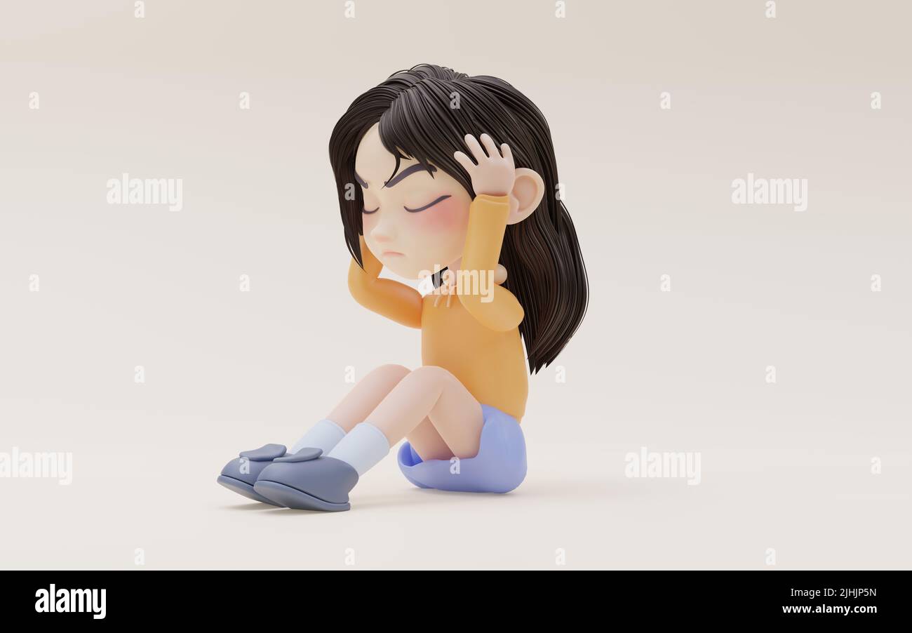 Little girl with depression mood, 3d rendering. Computer digital ...