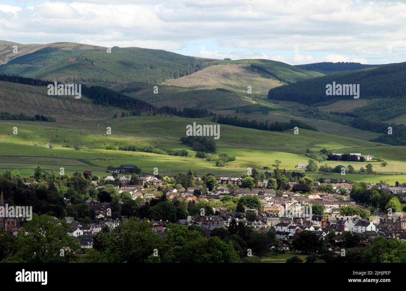 Scottish town, Panoramic view looking down on the town of Moffat ...