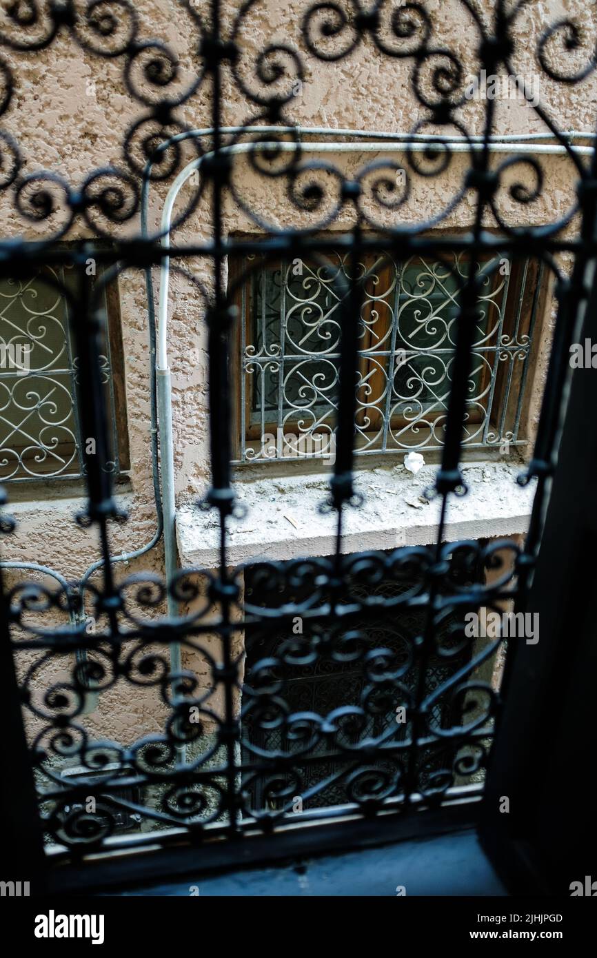 Black metal fence on an indoor window handmade in moroccan style Stock ...