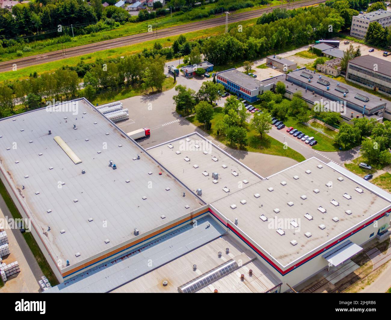 Aerial view of goods warehouse. Logistics center delivery in industrial ...