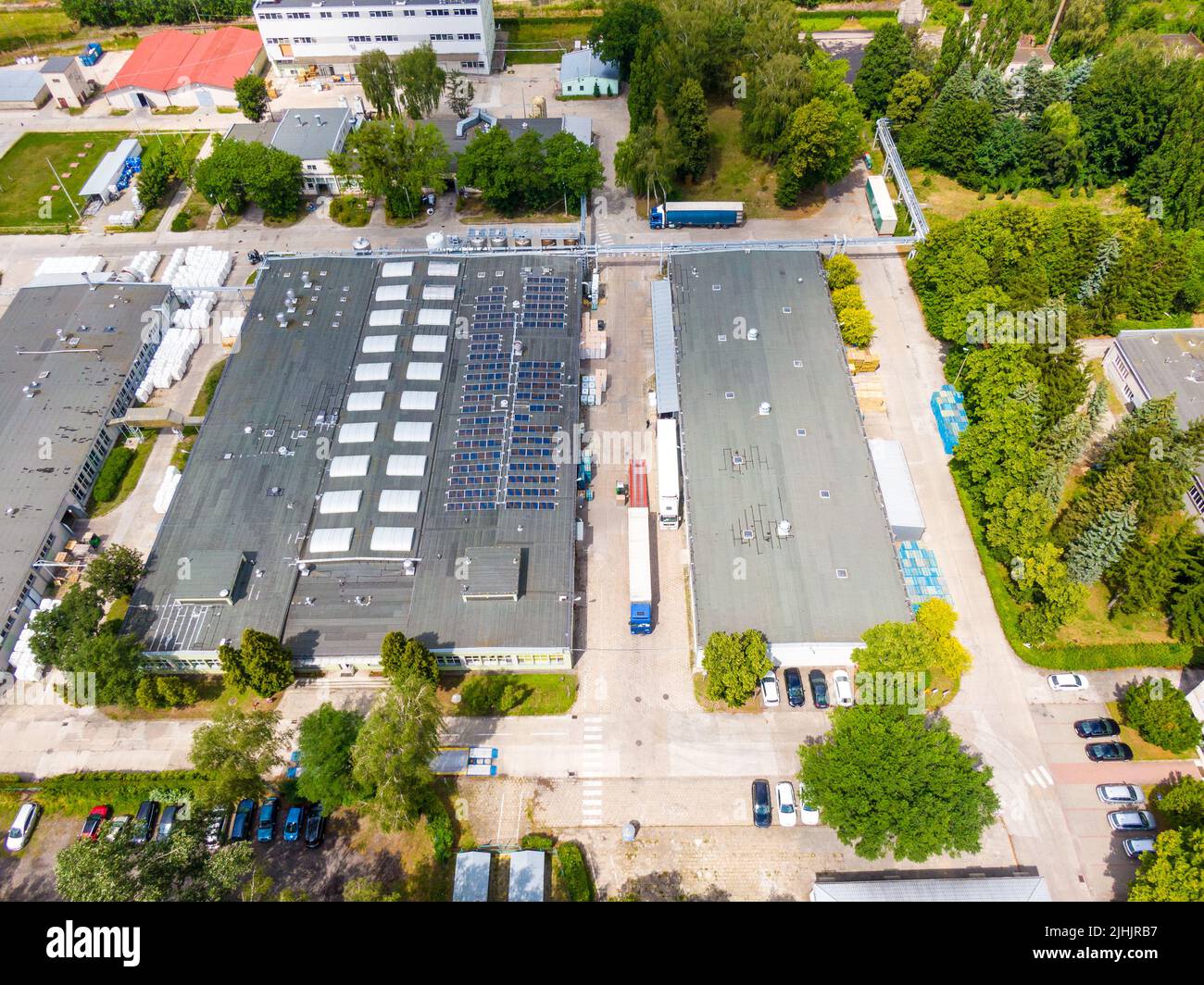 Aerial view of goods warehouse. Logistics center delivery in industrial ...