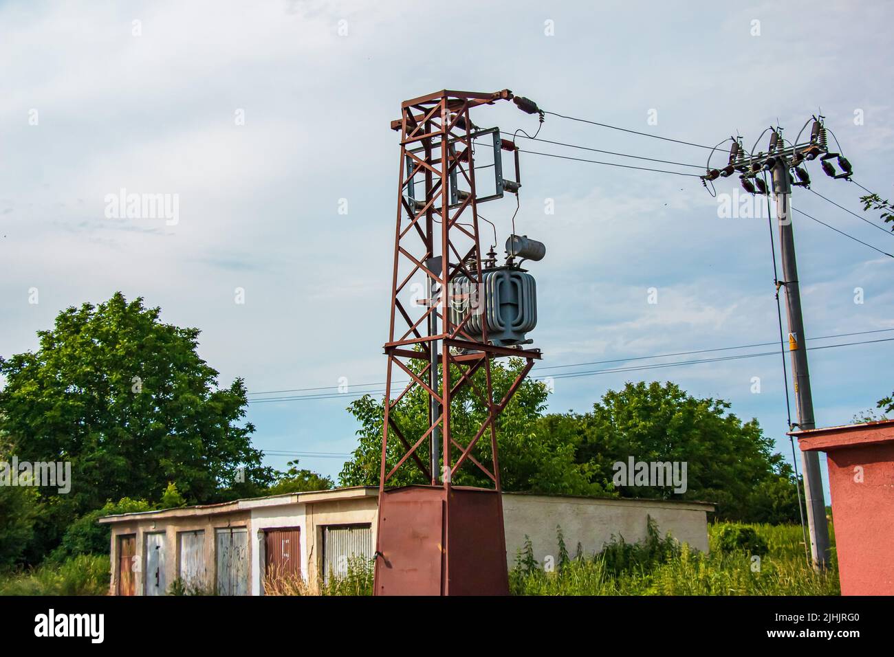 Medium voltage power tower and transformer substation. Used by small ...
