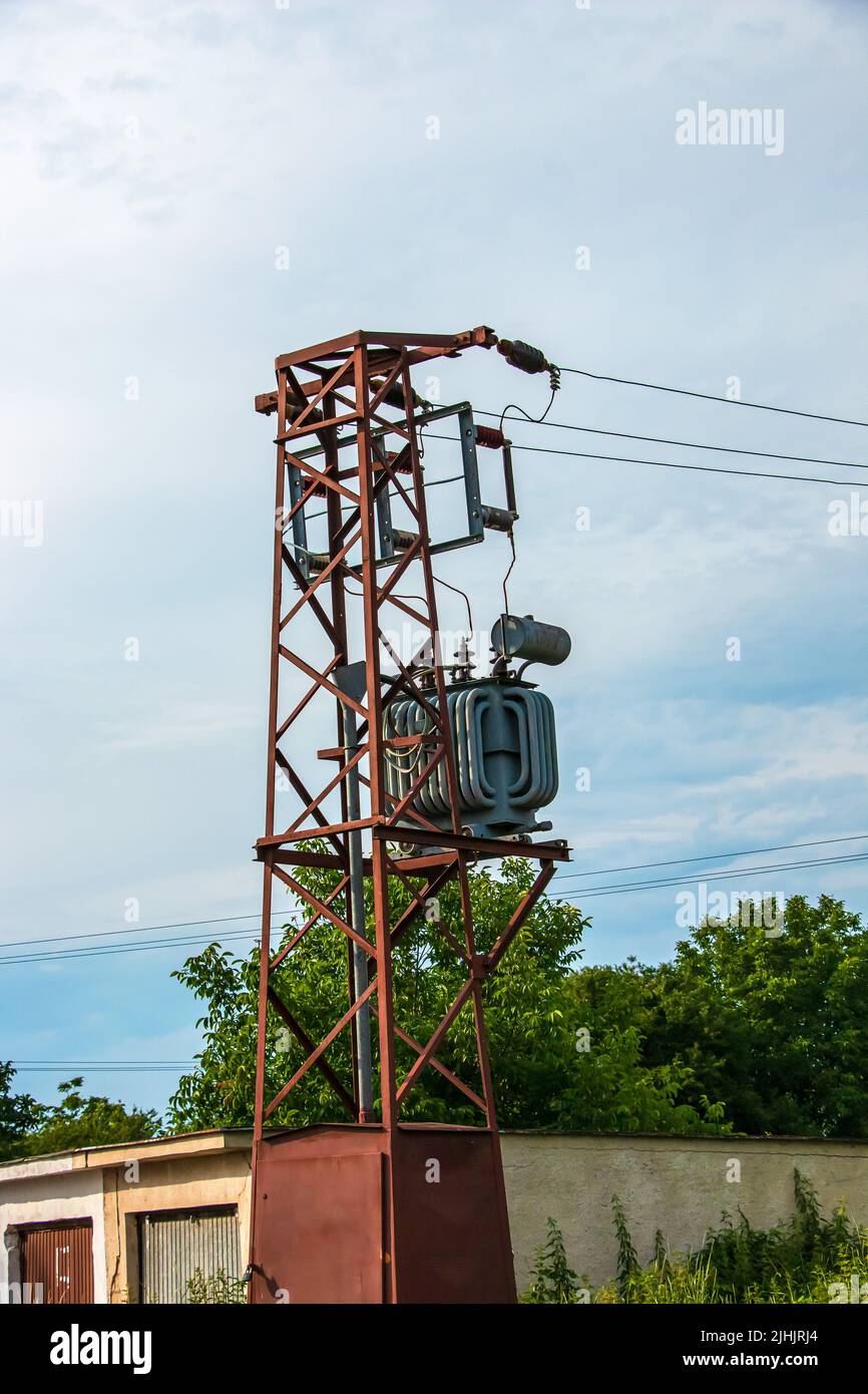Medium voltage power tower and transformer substation. Used by small ...