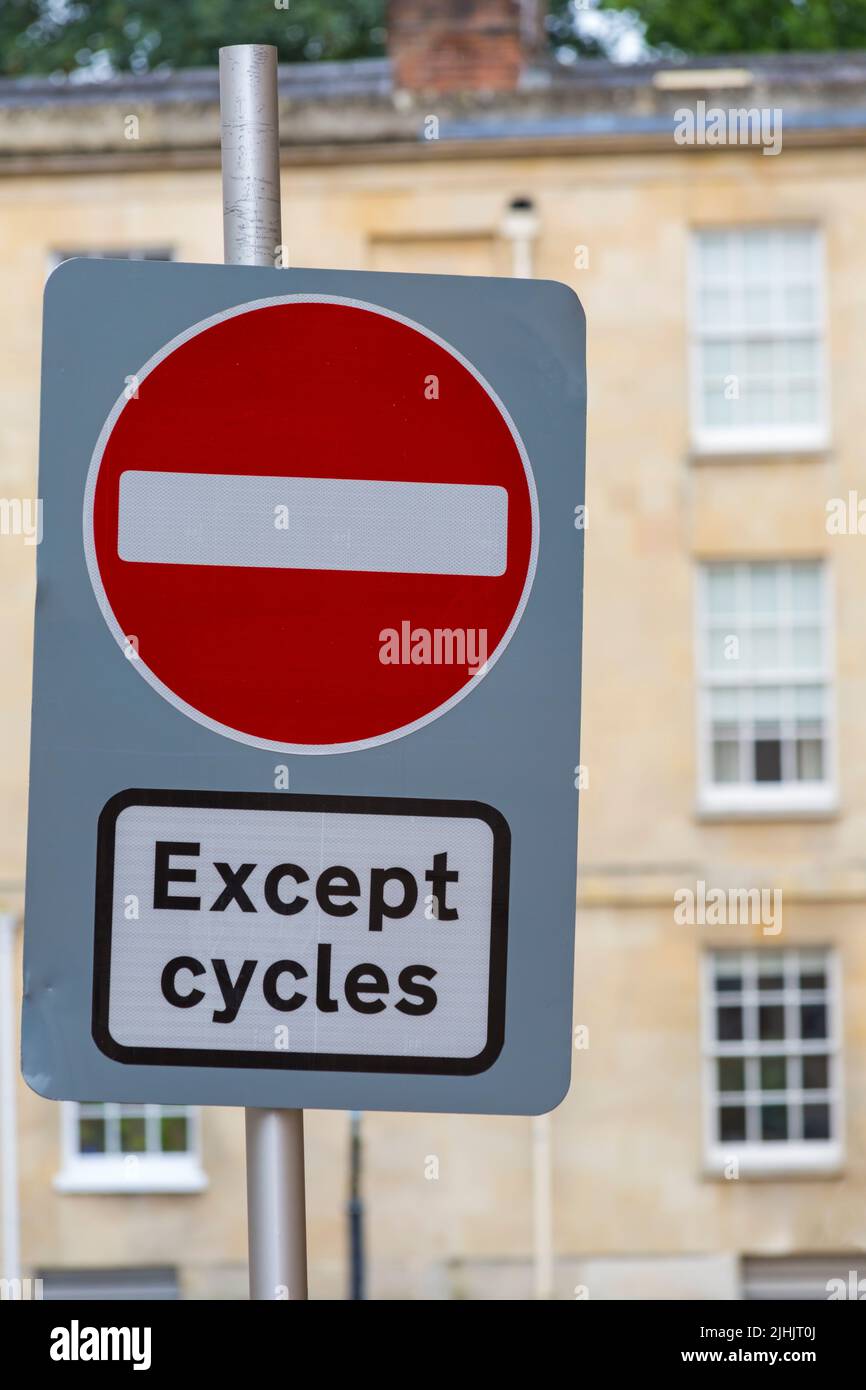 No entry except cycles road sign at Oxford, Oxfordshire UK on a wet ...