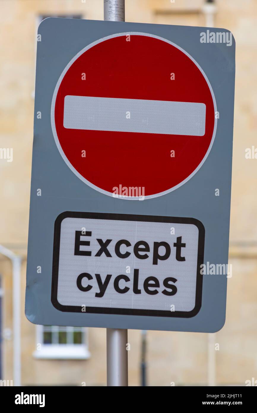 No entry except cycles road sign at Oxford, Oxfordshire UK on a wet ...