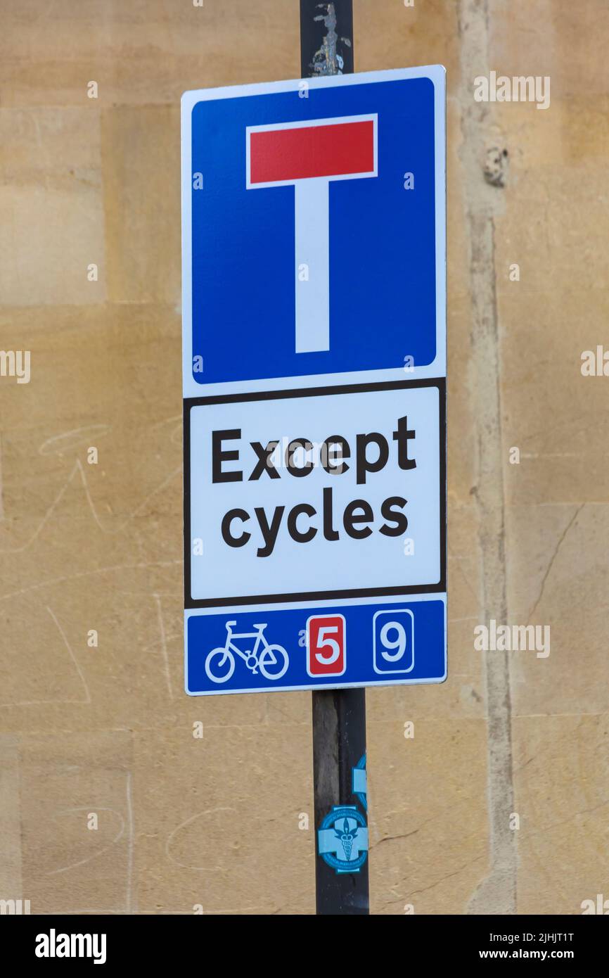 No Through Road except cycles road sign at Oxford, Oxfordshire UK on a ...