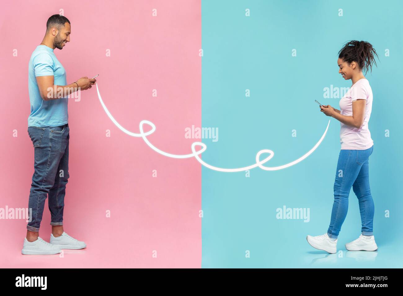 Modern virtual communication. Young black couple texting with each ...